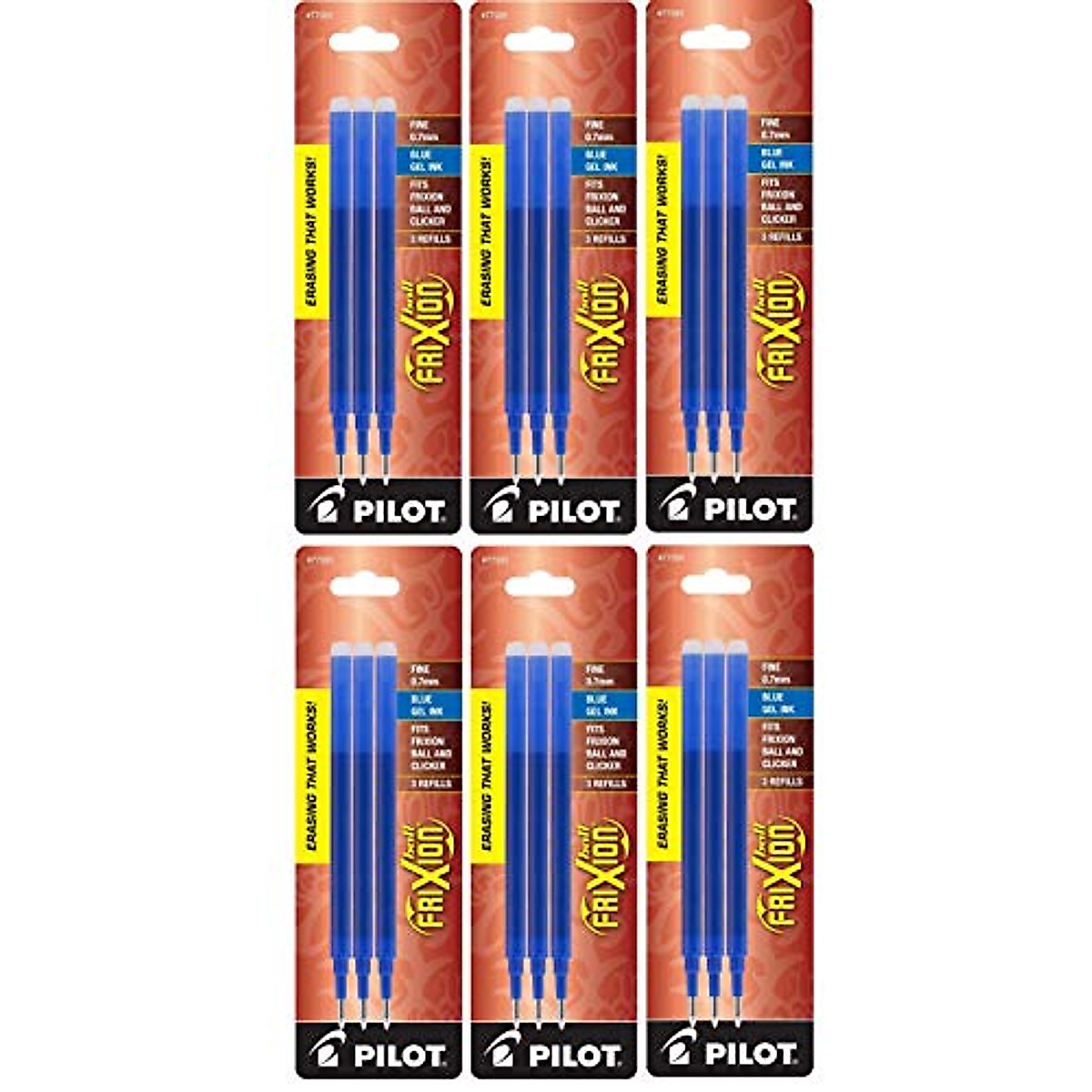 Pilot Gel Ink Refills for FriXion Erasable Gel Ink Pen, Fine Point, Blue Ink, 6 Pack, 18 Refills Total