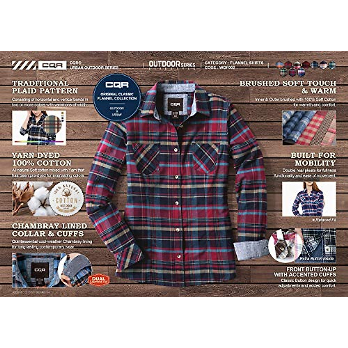 CQR Women's Plaid Flannel Shirt Long Sleeve, All-Cotton Soft Brushed Casual Button Down Shirts, Flannel Plaid Shirts Aqua Coral, Medium