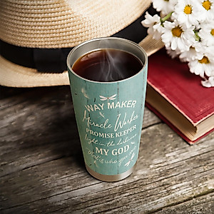 20oz Dandelion Dragonfly Faith Tumbler, Way Maker Miracle Worker Promise Keeper, Religious, Christian Gifts for Women, Stainless Steel Double Wall Vacuum Insulated Coffee Mug, Travel Cup with Lid