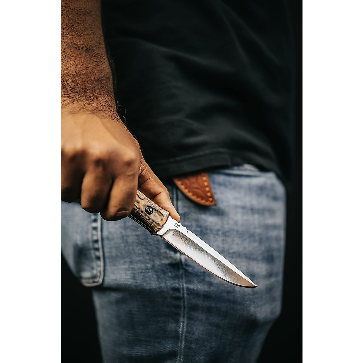 AUBEY Fixed Blade Hunting Knife, 4.52 inch D2 Steel Blade Survival Knife with Leather Sheath Wood Handle, Full Tang Camping Knife for Men Women