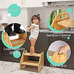 AMBIRD Wooden Step Stool, Two Step Stools Toddler 300 lbs Capacity with Safety Non-Slip Pads and Handles, Bamboo Step Stool for Bathroom, Kitchen Step Stools Dual Height Step Stools for Kids (Natural)
