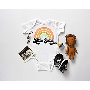 Olive Loves Apple Retro Rainbow Little Sister Sibling Reveal Announcement Bodysuit for Baby Girls Sibling Outfits Vintage Burgundy Bodysuit 6 Months