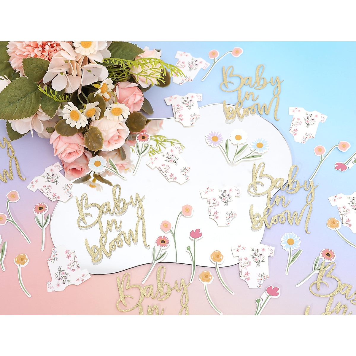 BABY Shower Script Table Confetti - Baby In Bloom Confetti Shower Decor, Floral Bodysuit Scatter Confetti, Flower Baby Gender Reveal Party Decorations, Glitter Confetti Photo Props (BABY GIRL PINK)
