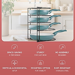 Extreme Matters Heavy Duty Pot and Pan Organizer Holder - Holds Cast Iron Skillets, Pots, Frying Pan, Lids - Durable Steel Construction Griddles and Shallow Pots - Space Saving Kitchen Storage - Black