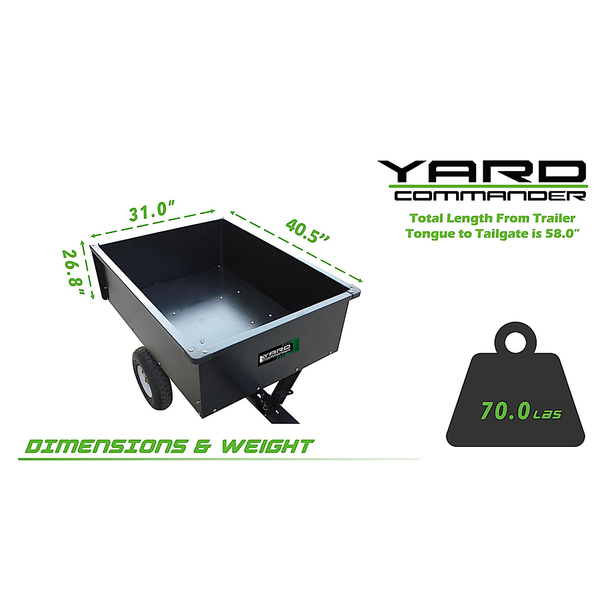 YARD COMMANDER - Heavy Duty Tow Behind ATV Trailer Steel Dump Cart - 10-Cubic Feet and 400-Pound Capacity - Garden Utility Trailer - Trailers with Removable Tailgate for Riding Lawn Mower Tractor