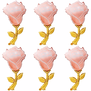 37'' Pink Rose Balloons Valentines Day Helium Balloons Pink Flower Aluminum Foil Balloons Romantic Decorations Special Night, 6 Pack Rose Aluminum Balloons for Wedding Bridal Anniversary Supplies