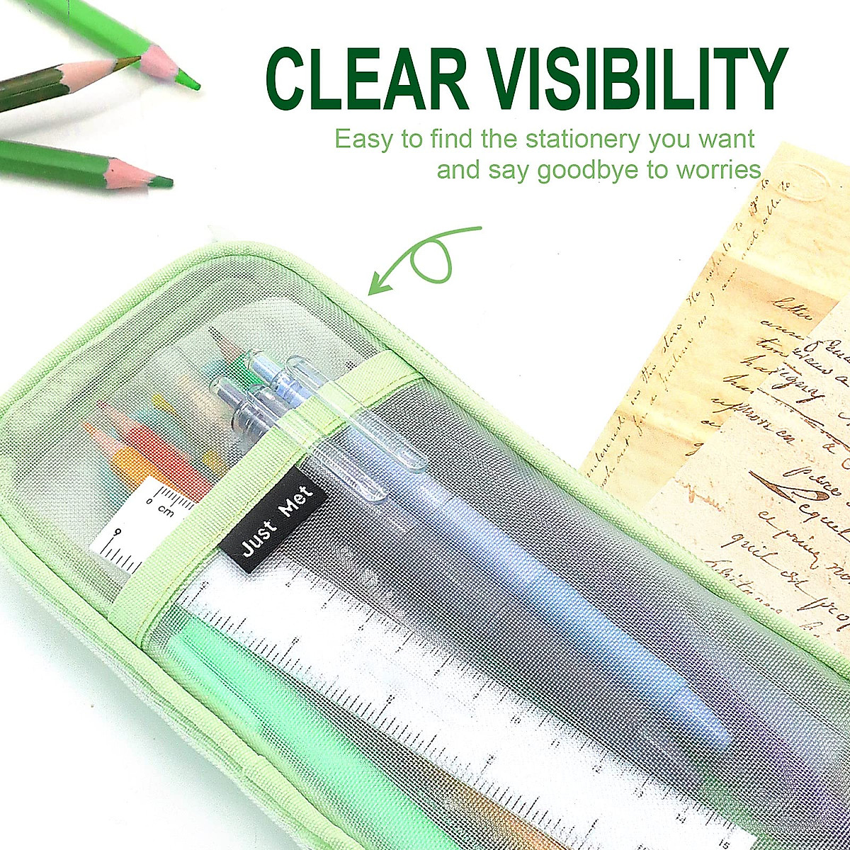 Sonuimy Clear Mesh Pencil Case Pouch, Clearly Visible Grid Pen Cases Organizer For Adult, Zipper Transparent Stationary Makeup Bag For Travel Office College-Green