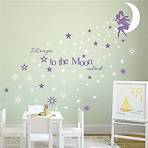 ANFRJJI Fairy Wall Decal "I Love You to The Moon and Back" Fairy Wall Sticker White moon and stars and purple elf fairy text and stars for Girl, Kids Bedroom Wall Decals, Nursery Decor JWH165 (purple