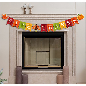 PTFNY Give Thanks Banner Thanksgiving Bunting Banner Garland with Maple Leaves Turkey and Pumpkin Signs Give Thanks Banner for Fall Thanksgiving Day Party Decorations Friendsgiving Home Party Supplies