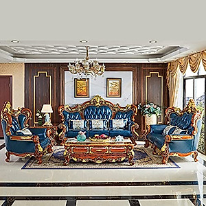DEKIST European-Style Leather Sofa, Solid Wood Carved Luxury American-Style Villa Sofa, Living Room Furniture Combination Single Sofa is Suitable for Villas, Clubs, Apartme