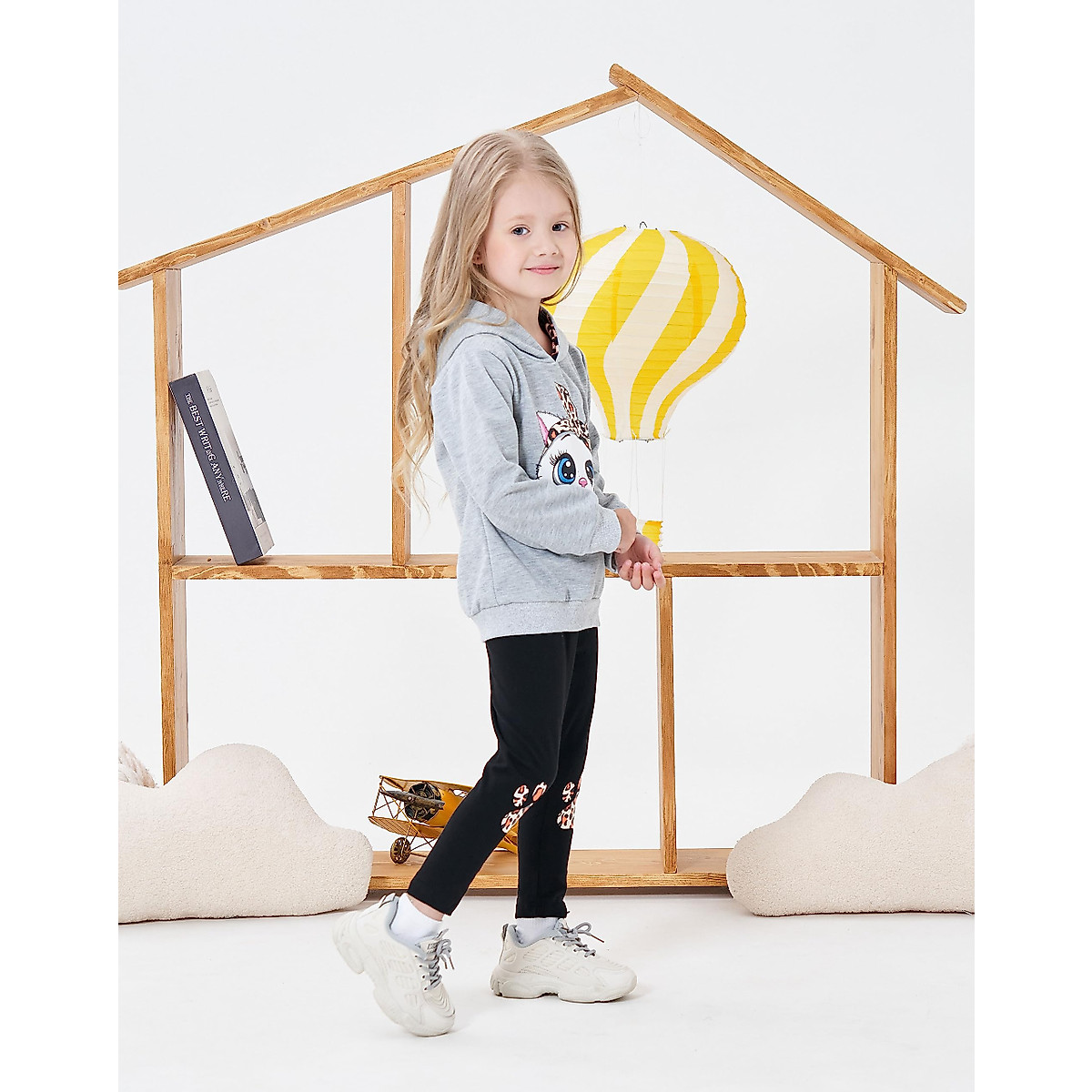 Axumity Toddler Girl Clothes Cat Print Pullover Sweatshirt + Leopard Print Pant 2-Piece Kid Girl Fall Winter Pants Set(4-5T)