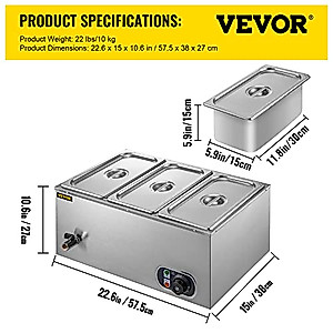 VEVOR 110V 3-Pan Commercial Food Warmer, 1200W Electric Steam Table 15cm/6inch Deep, Professional Stainless Steel Buffet Bain Marie 21 Quart for Catering and Restaurants, Sliver