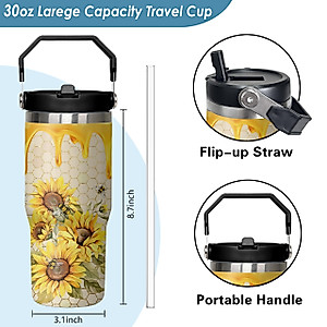 Queen Hero 30 oz Bee Tumbler with Handle, Large Insulated Tumbler with Flip & Straw Coffee Mug Cup Stainless Steel Gifts for Women Men Youth