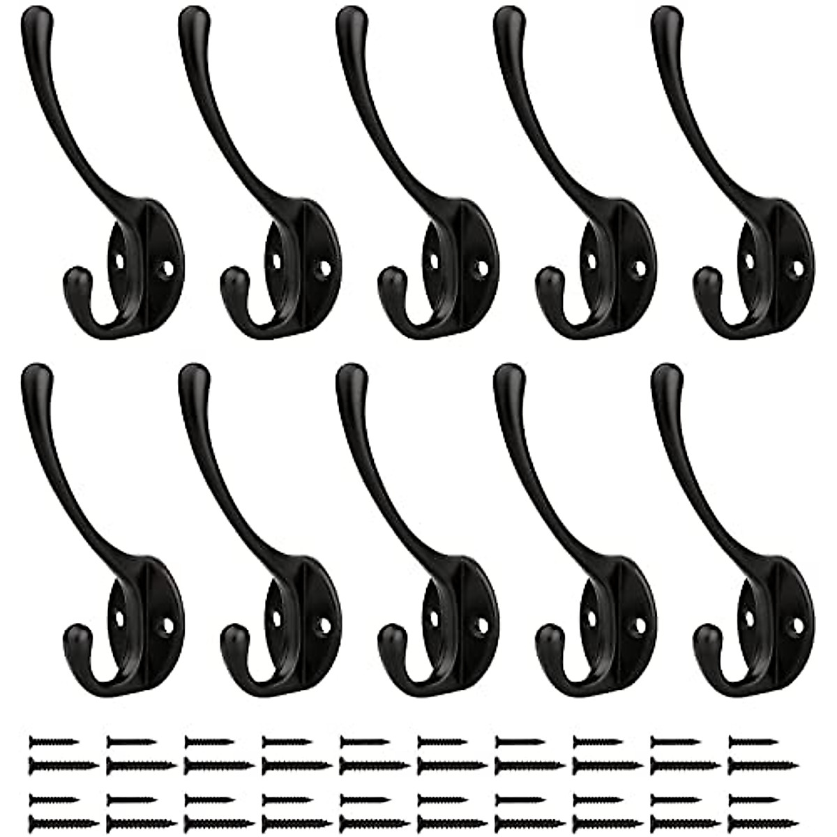 YIHATA 10 Pack Double Coat Hooks Hardware Black Wall Mounted Hanging Hook Heavy Duty for Towel, Bag, Cap, Scarf, Hat, Key