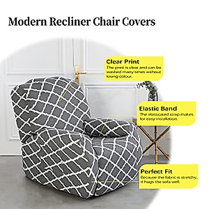 FIGOOO Recliner Sofa Slipcover 4-Piece Stretch Recliner Chair Covers Non Slip Spandex Pattern Recliner Cover with Pockets Reclining Couch Covers Furniture Protector for Dogs Cats(Gray Plaid,1 Seater)