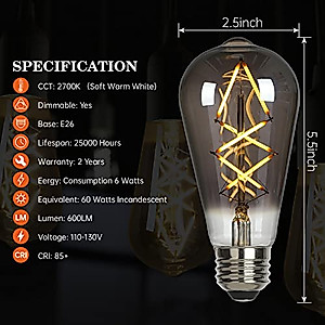 Dimmable LED Edison Light Bulbs, Smoky Grey Vintage Lightbulbs 60 Watt Equivalent 2700K Soft Warm White, ST64 600LM Vanity Light Bulbs With E26 Base for Bathroom, Bedroom, Living Room and Kitchen