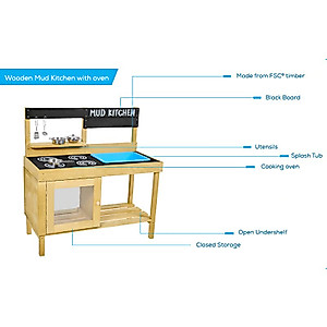 TP Toys, Kids Mud Kitchen | Backyard Kitchen Playset with Pretend Play Kitchen Accessories & Water Pan for Preschool Outdoor Play | for Ages 3-8 | Sustainable Sourcing from FSC Certified Timber.