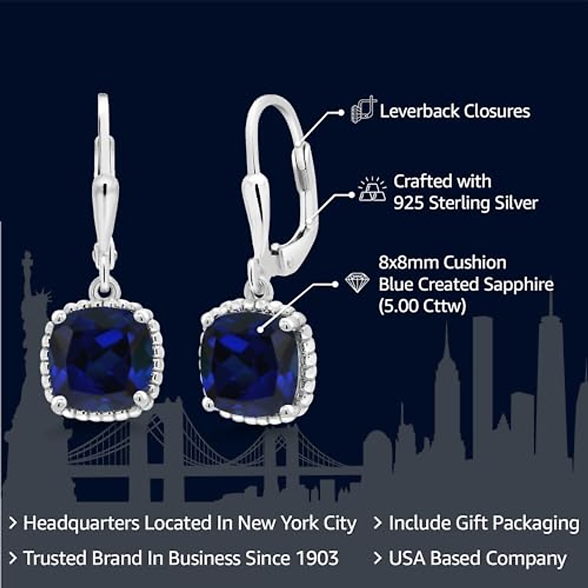 Gem Stone King 925 Sterling Silver 8MM Cushion Gemstone Birthstone Leverback Drop Dangle Earrings for Women