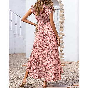 BTFBM Summer Floral Maxi Dress for Women 2025 Vacation Ruffle Sleeve V Neck Belt Wrap Spring Beach Wedding Guest Dresses(Floral Print Red, X-Large)