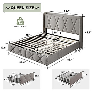 Feonase Queen Bed Frame with 4 Storage Drawers, Upholstered Button Tufted Storage Headboard with Fast Charging Station, Heavy Duty Slats Support, No Box Spring Needed, Noise-Free, Light Grey