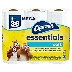 Charmin Essentials Soft Toilet Paper, 9 Mega Rolls = 36 Regular Rolls