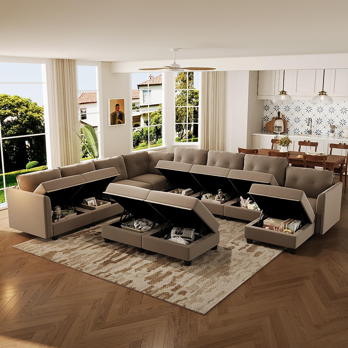 LLappuil Modular Sectional Sofa with Storage Oversized U Shaped Couch with Reversible Chaise Velvet Waterproof Anti-Scratch Sofas for Living Room 9 Seats with 2 Ottomans Grey Brown