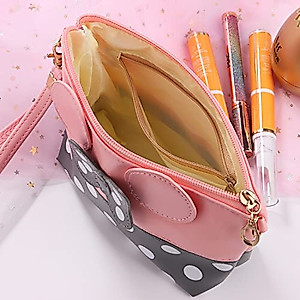 yiwoo Cosmetic Bag Mouse Ears Bag with Zipper,Cartoon Leather Travel Makeup Handbag with Ears and Bow-knot, Cute Portable Cosmetic Bag Toiletry Pouch for Women Teen Girls Kids(Pink)