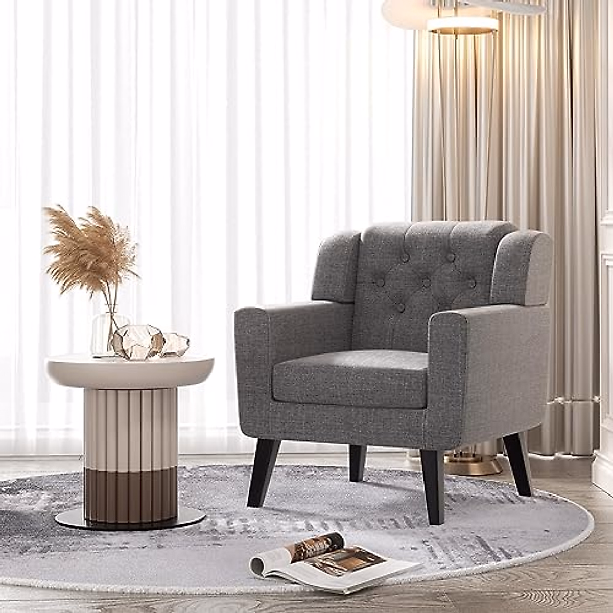 Accent Chair Living Room Chairs Single Sofa Chair, Accent Chairs Arm Chairs with Button Tufted Linen Fabric, Mid Century Accent Arm Chairs Comfy Reading Lounge Club Armchair for Bedroom Office Study