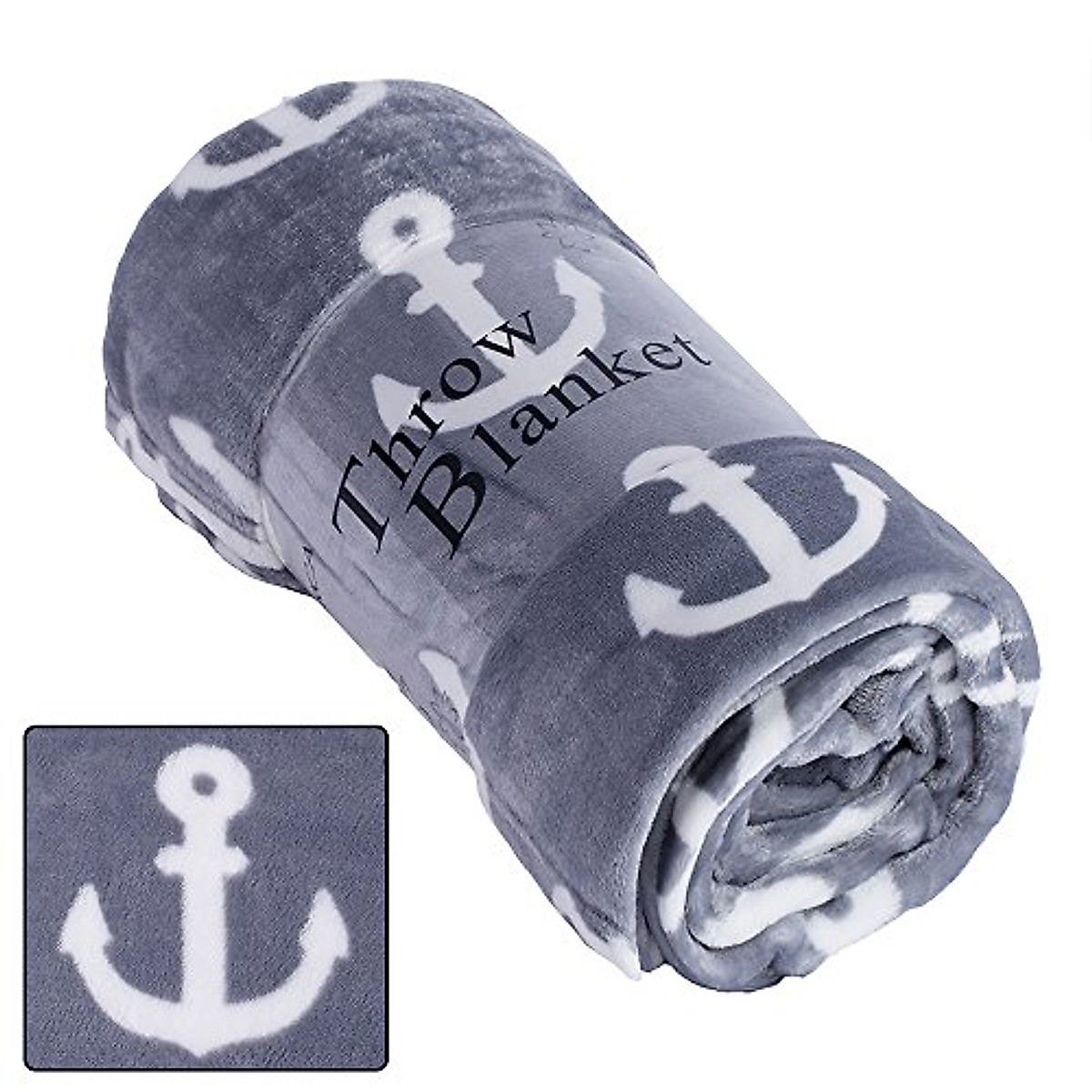 JML Flannel Blanket Sofa Couch Throw Blanket Super Soft Lightweight Microfiber Fuzzy Plush Throw Blanket Shawls and Wraps Anchor Fleece Throw for Adults,Pet,Travel,Home,Bed,Chair Decor- Grey Anchor