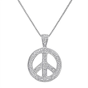 Diamond Peace Sign Pendant Necklace in Sterling Silver on an 18in Box Chain | Real Diamond Necklaces Gifts for Women