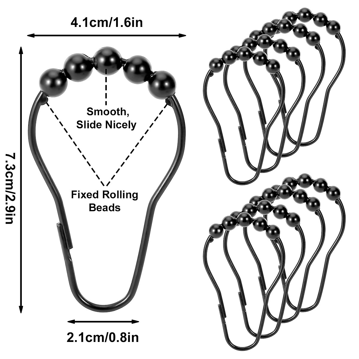 Shower Curtain Rings,Shower Curtain Hooks,Rust Proof Secure Lock Ring Clips for Hanging Bathroom Curtain (Black Pear-Shape)