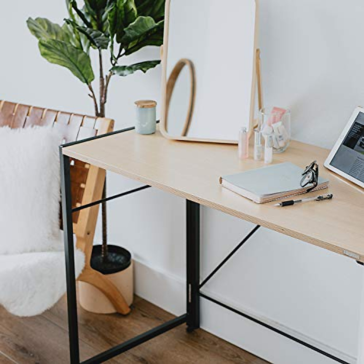 SOFSYS Modern Folding Computer Writing Desk for Small Space, Gaming, and Home Office Organization, Foldable Industrial Metal Frame with Sturdy Desktop for Students or Small Business, Oak/Black