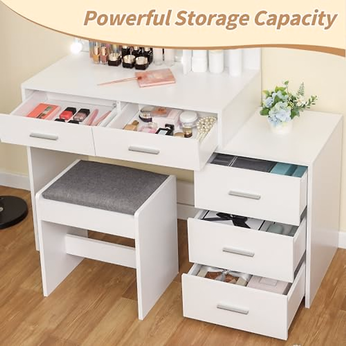 usikey 43.5in Large Vanity Desk with Mirror and 10 LED Lights, Makeup Vanity Table with Lights and 5 Drawers, White Vanity Table Vanity Set with Storage Shelves and Stool for Women Girls, White