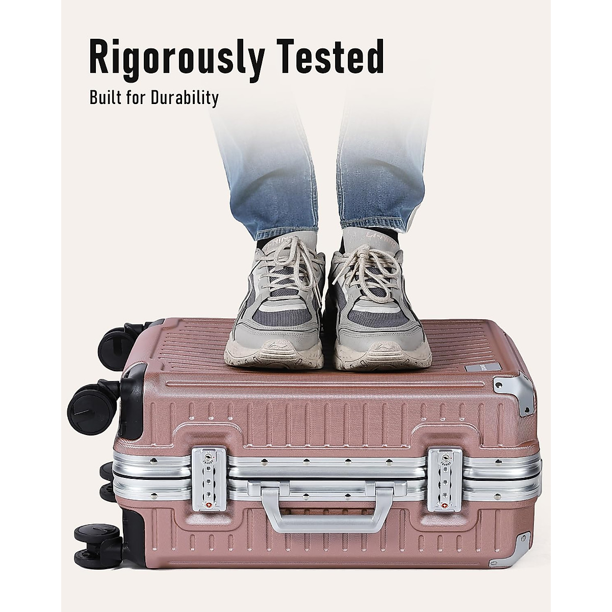 FIGESTIN Carry on Luggage Airline Approved, Aluminum Frame Hard Shell Suitcases with Wheels,100% PC Lightweight, No Zipper Suitcase TSA Approved, 20" Carry-On(Rose Gold)