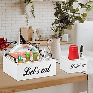 Paper Plate Holders for Kitchen Countertop, Wooden Utensil Caddy with Large Cup Holder, Disposable Paper Plate Organizer Silverware Caddy for Plate, Cup, Fork, Spoon, Napkin, Condiment (Set of 2)