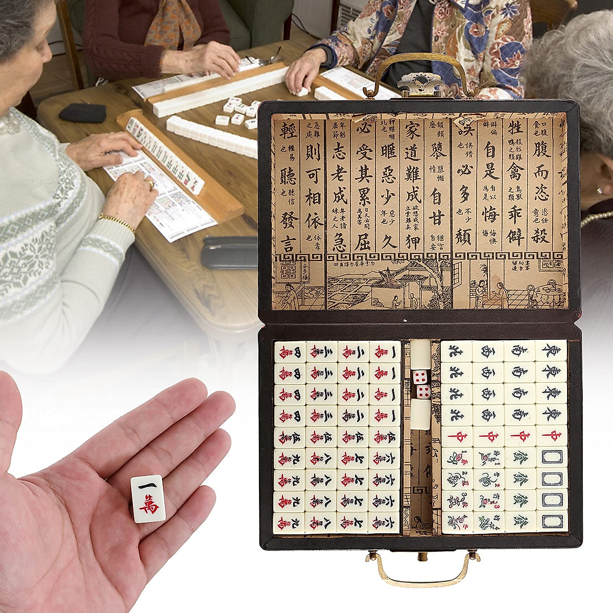 IRONWALLS Chinese Majong Set, 146PCS Mahjong Tile Set with 1” Majongg Tiles, 2PCS Dice & Wooden Carrying Case Box, Complete Majong Game Sets for Travel Party Family Game