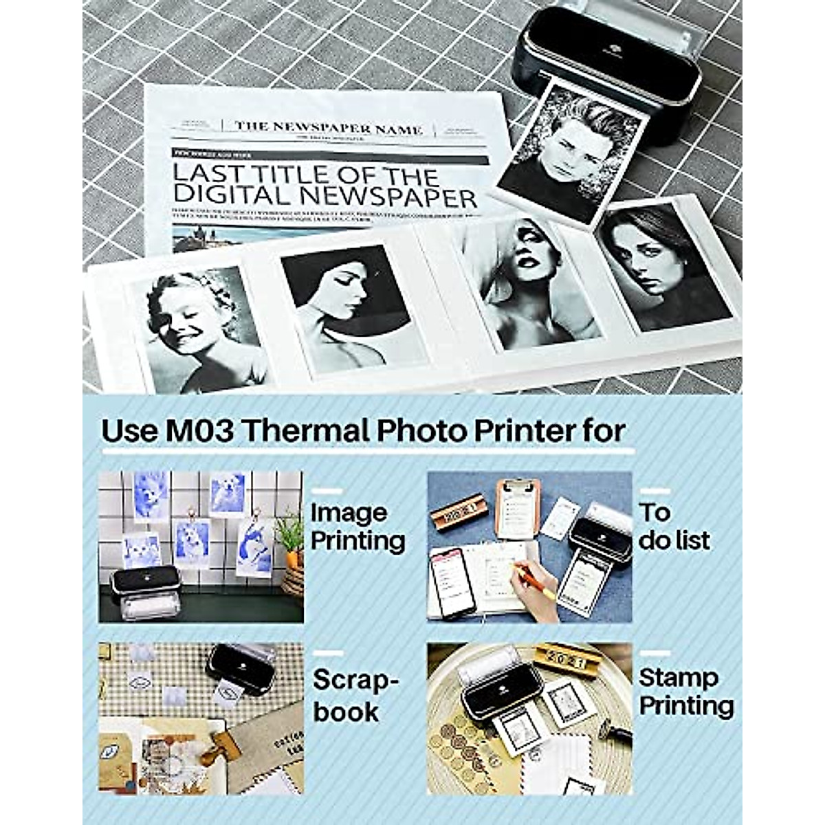 Phomemo M03 Pocket Printer- Portable Printer Photo Printer with 3 Roll 3 Inch Black on White, 77mm x 3.5m, 3 Inch X 11.5 ft, Compatible with iOS + Android for Photos, Journalist, Work, Plan-Black