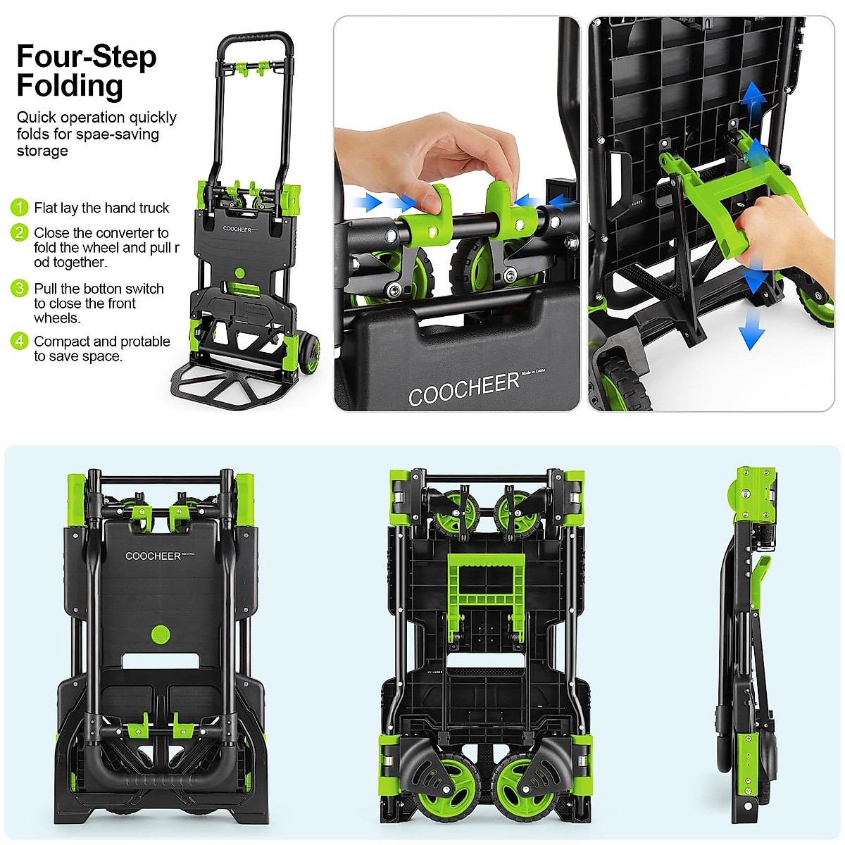 330LB Folding Hand Truck Heavy Duty Carrying, Combination of Four Wheels and Two Wheels Convertible Dolly Cart with Retractable Handle Dolly for Moving Office Carts(Green)