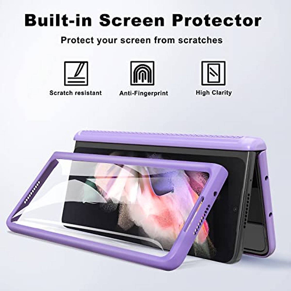 Fold 3 Case with Hinge Protection & Screen Protector, Triangular Anti-Skid Texture Design, Slim Fit Lightweight Protective Cover Supports Wireless Charging for Samsung Galaxy Z Fold 3 5G (Purple)