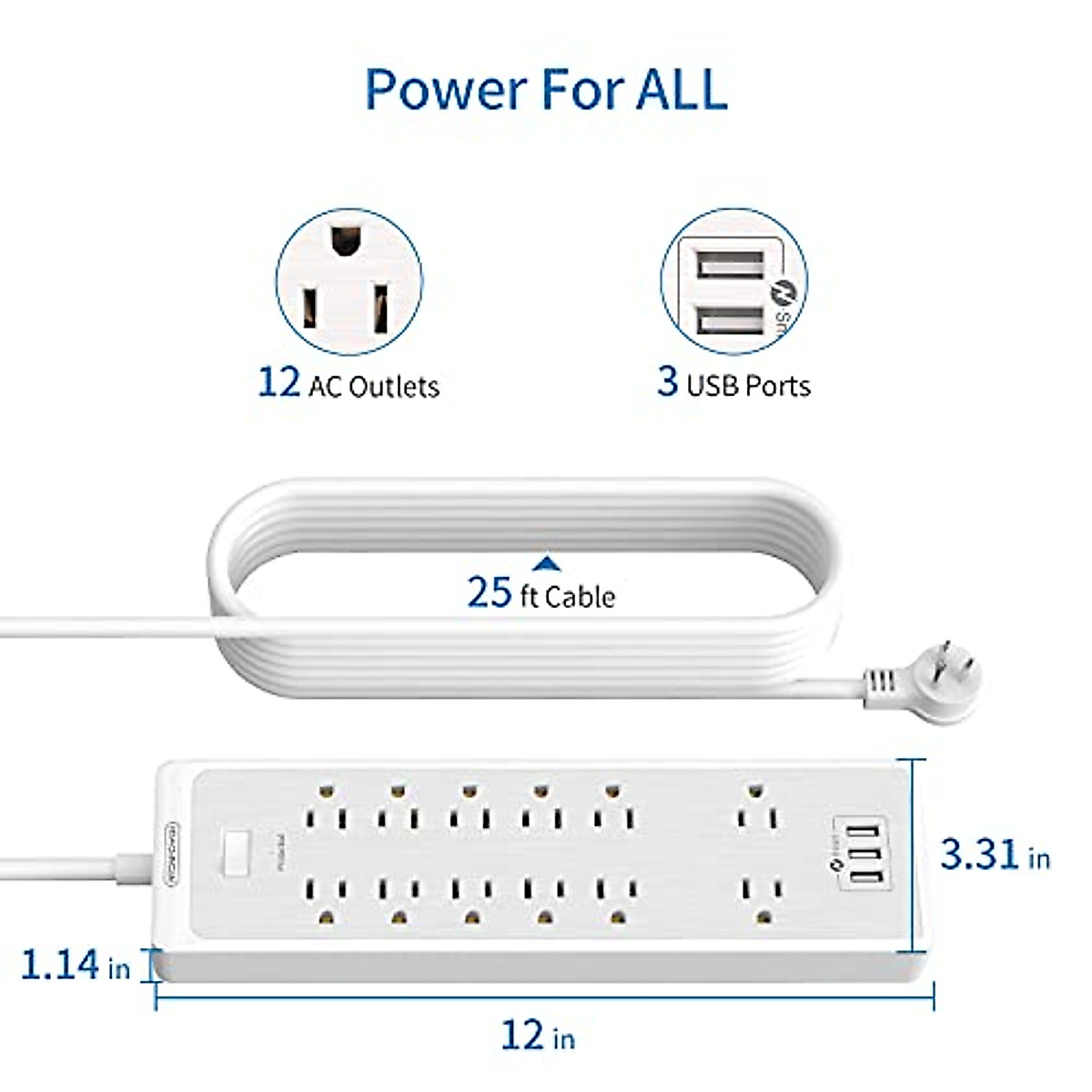 25 Ft Extension Cord Flat Plug Bundle, NTONPOWER 2100 Joules Surge Protector Power Strip with 12 Outlets 3 USB 25 Ft Extension Cord, Power Strip with 25 ft Long Cord 6 Outlets 4 USB Ports
