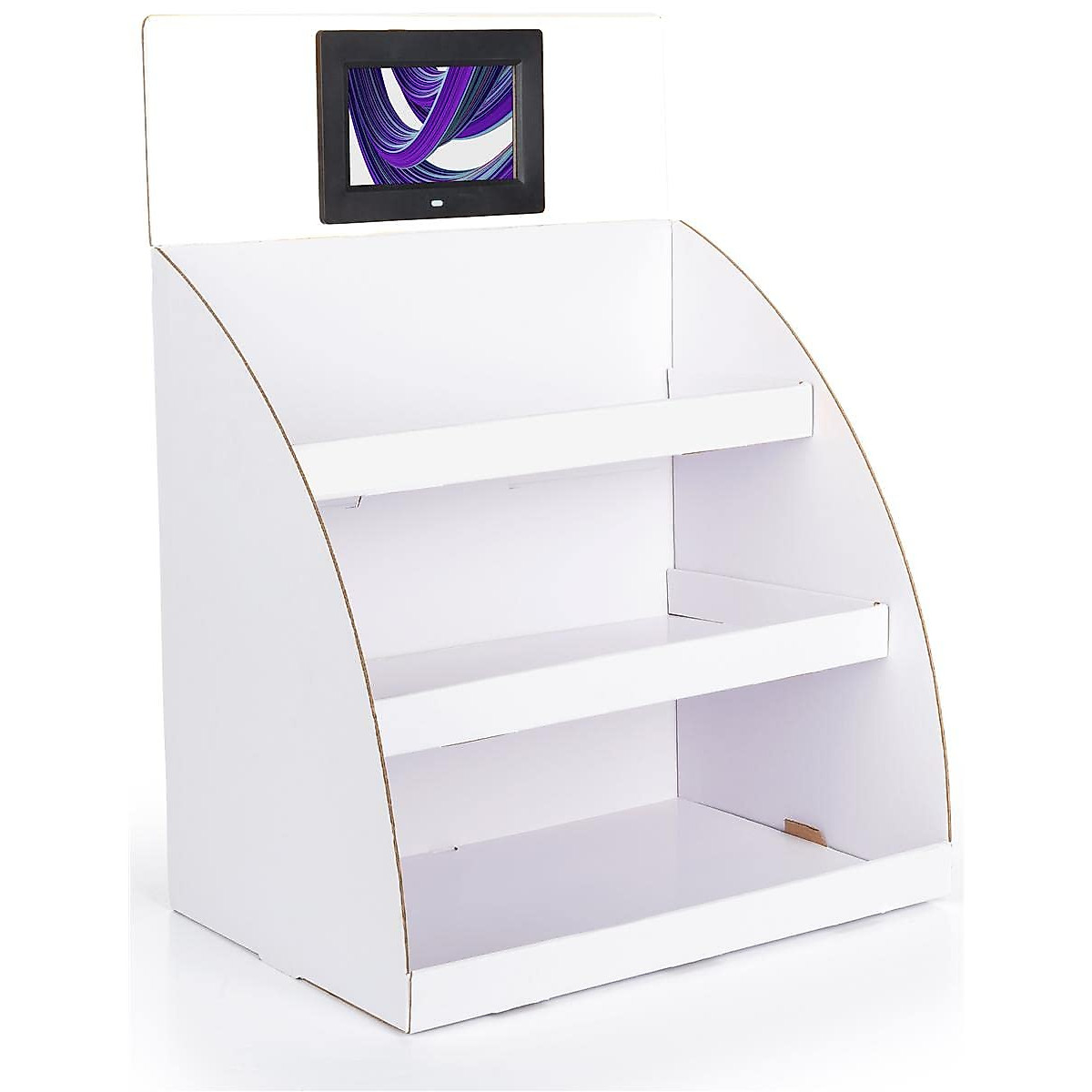 Displays2go Countertop Cardboard Shelving with 7" Digital Display – White (TBSH3WTDG)