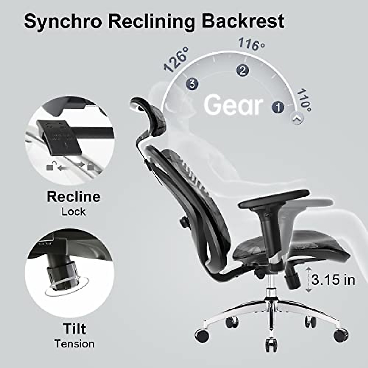 SIHOO Ergonomic Mesh Office Chair, Computer Desk Chair with 3-Way Armrests, 2-Way Lumbar Support and Adjustable Headrest, High Back Home Office Chair with Tilt Function, Mesh Back and Seat(Black)