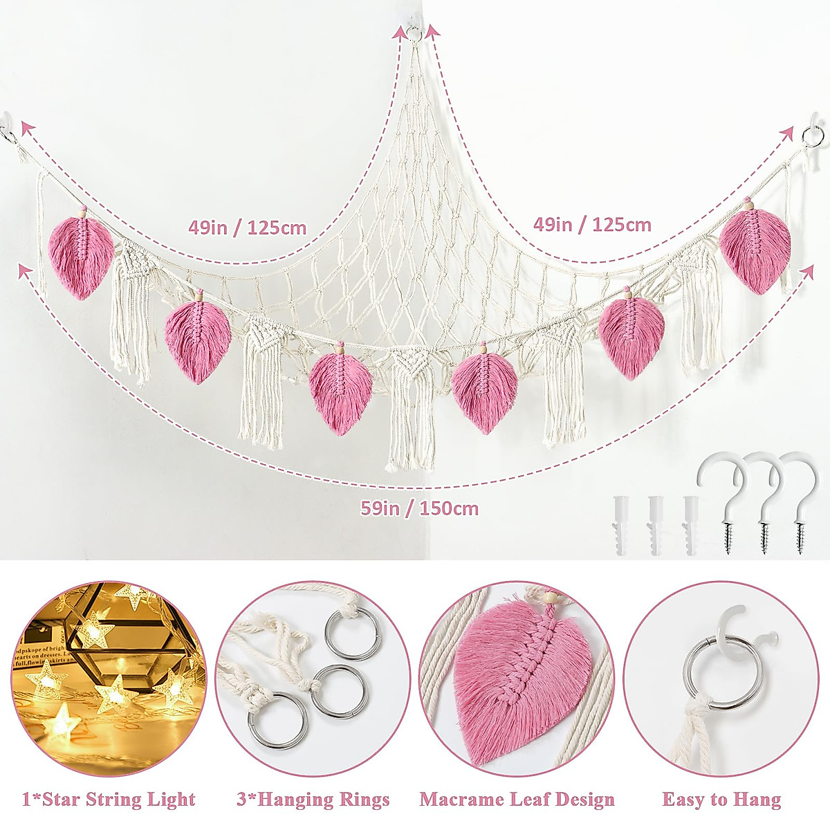 Dremisland Stuffed Animal Toy Net Hammock with Star Light Boho Leaf Macrame Tassel Corner Toy Organizer Bohemian Woven Decor Display Holder for Girls Room Nursery Kids Bedroom Play Room Decor (Pink)