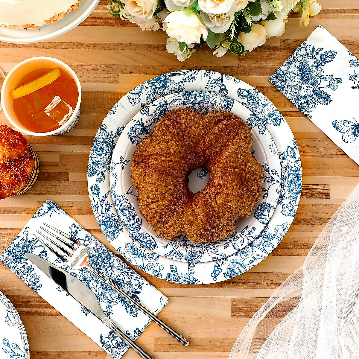 Nitial 200 Piece Blue and White Flower Disposable Tableware Set Serves 50 Guests Floral Paper Plates and Napkins Cups for Bridal Shower Birthday Party Supplies