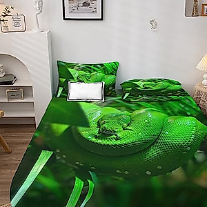Snake Sheets Full Size, Green Animal Bed Sheets, Patterned Bedding Sheets & Pillowcases 4 Piece Set - Soft Microfiber Deep Pocket Fitted Sheet & Flat Sheet & 2 Pillow Cases K8-&-263