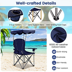 Goplus Beach Chair with Canopy Shade, Folding Lawn Chair with Umbrella Cup Holder & Carry Bag, Portable Sunshade Chair for Adults for Outdoor Travel Hiking Fishing (Blue)