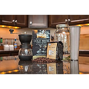 Cold Brew Coffee Maker Starter Kit - Half Gal Mason Jar | Stainless Filter Basket | Ceramic Burr Grinder | Half Pound Certified Organic Whole Bean Cold Brew Blend | Recipe & Instruction Book