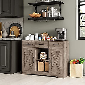 HOSTACK Modern Farmhouse Buffet Cabinet with Storage, Barn Doors Sideboard Buffet Storage Cabinet with Drawers and Shelves, Wood Coffee Bar Cabinet for Kitchen, Dining Room, Living Room, Ash Grey