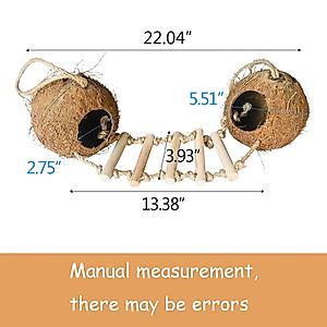 Bird Coconut Hides Nest with Ladder Parrot Cage Hanging Natural Coco Shell Hut Hide Toy with Wooden Bridge Hollow Hideaway Toys for Parakeet Lovebird Finch Canary 2PCS