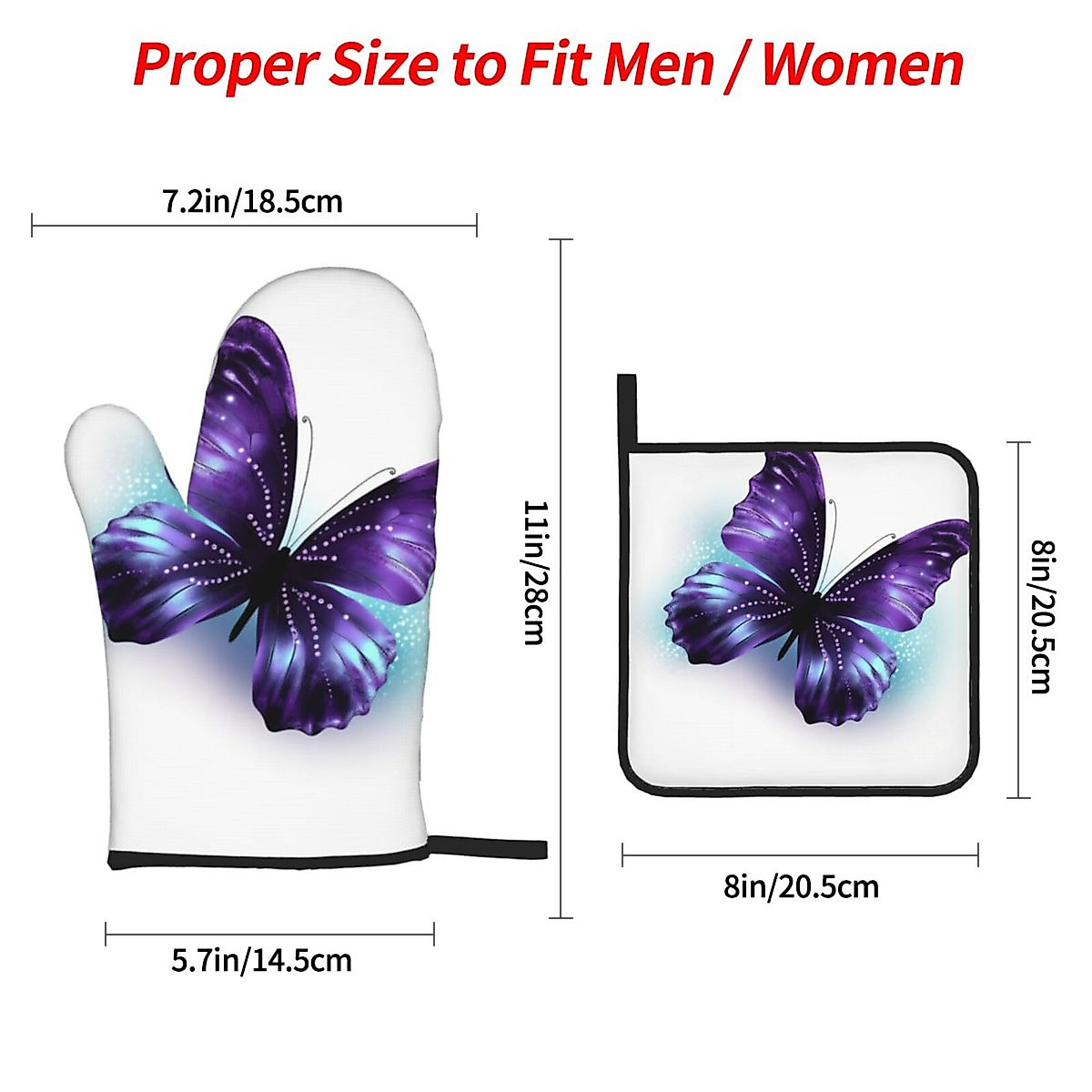 Oven Mitts and Pot Holders Set of 4 Blue Purple Butterfly Print Kitchen Oven Glove Fashion Heat Resistant Oven Gloves Set for BBQ Grill Baking Cooking Oven Microwave